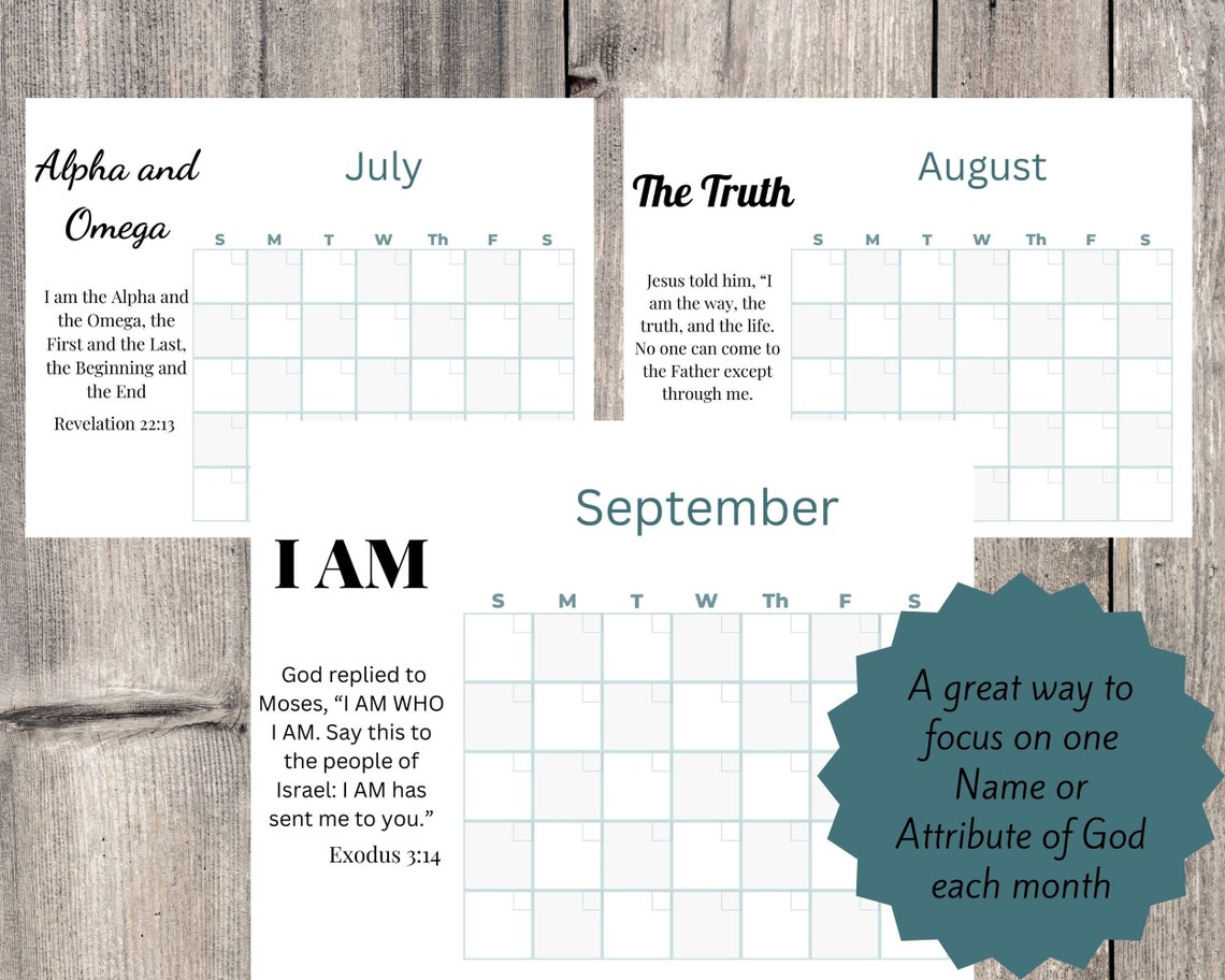 Names and Attributes of God Calendar, Printable 12 Month Calendar, Each ...