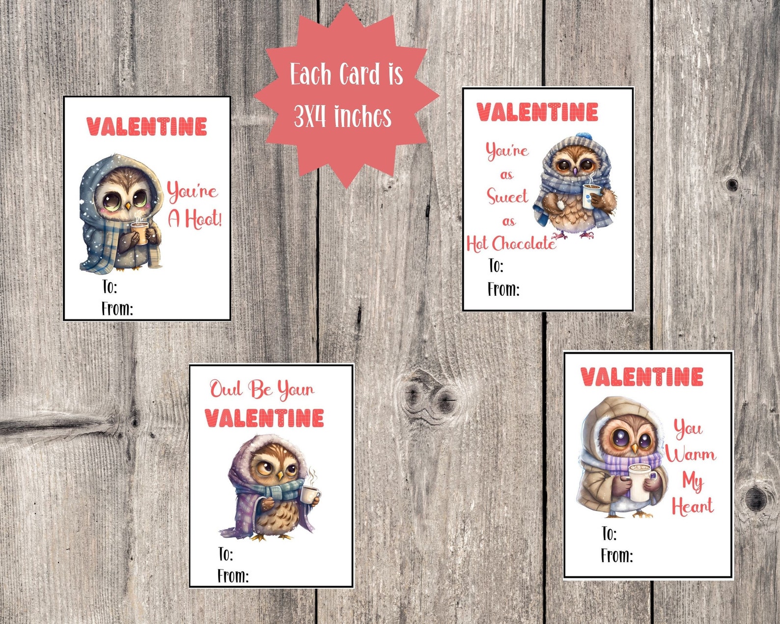Cute Owl Themed Valentines Cards for Kids, Printable Owl and Hot Cocoa ...