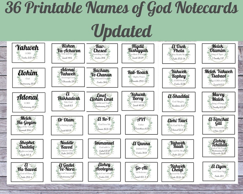 Updated 36 Hebrew Names of God 3x5 Notecards, Printable Names of God ...