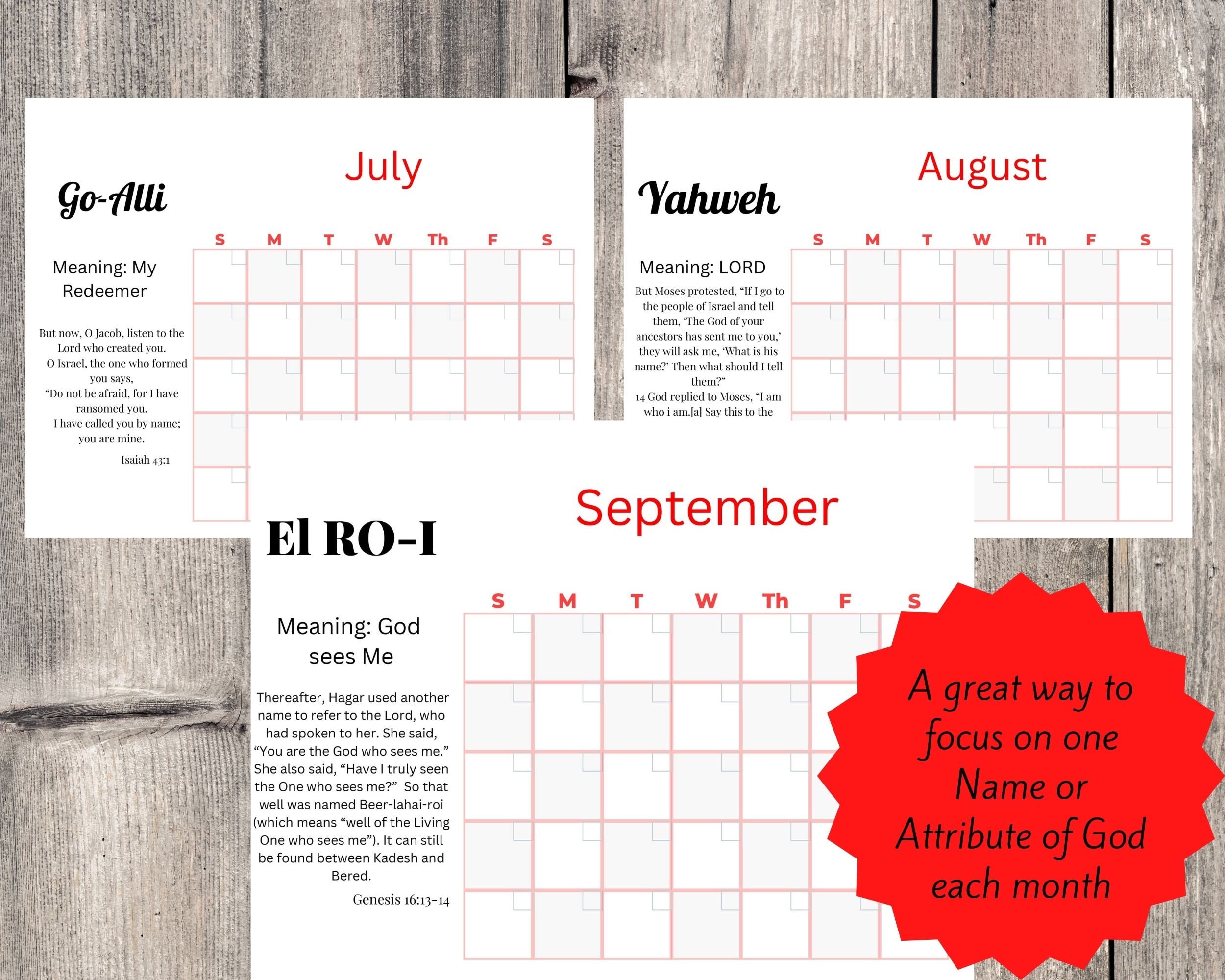 Hebrew Names of God Calendar, Scripture Verse (printable PDF) - Etsy