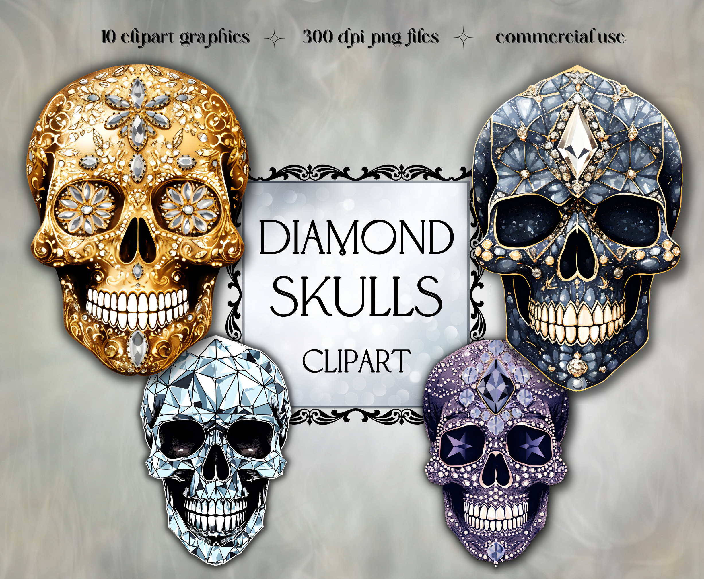 Diamond Skulls Clipart, Glam Skulls, Precious Gemstones, Instant ...