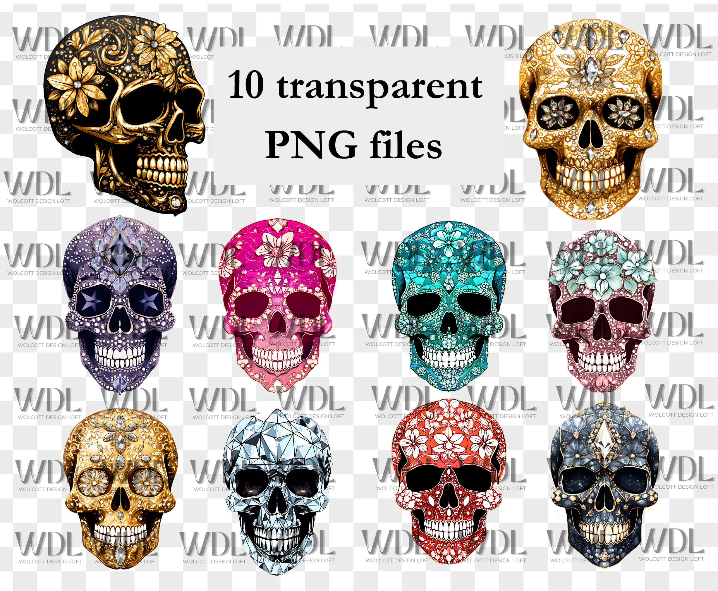 Diamond Skulls Clipart, Glam Skulls, Precious Gemstones, Instant ...