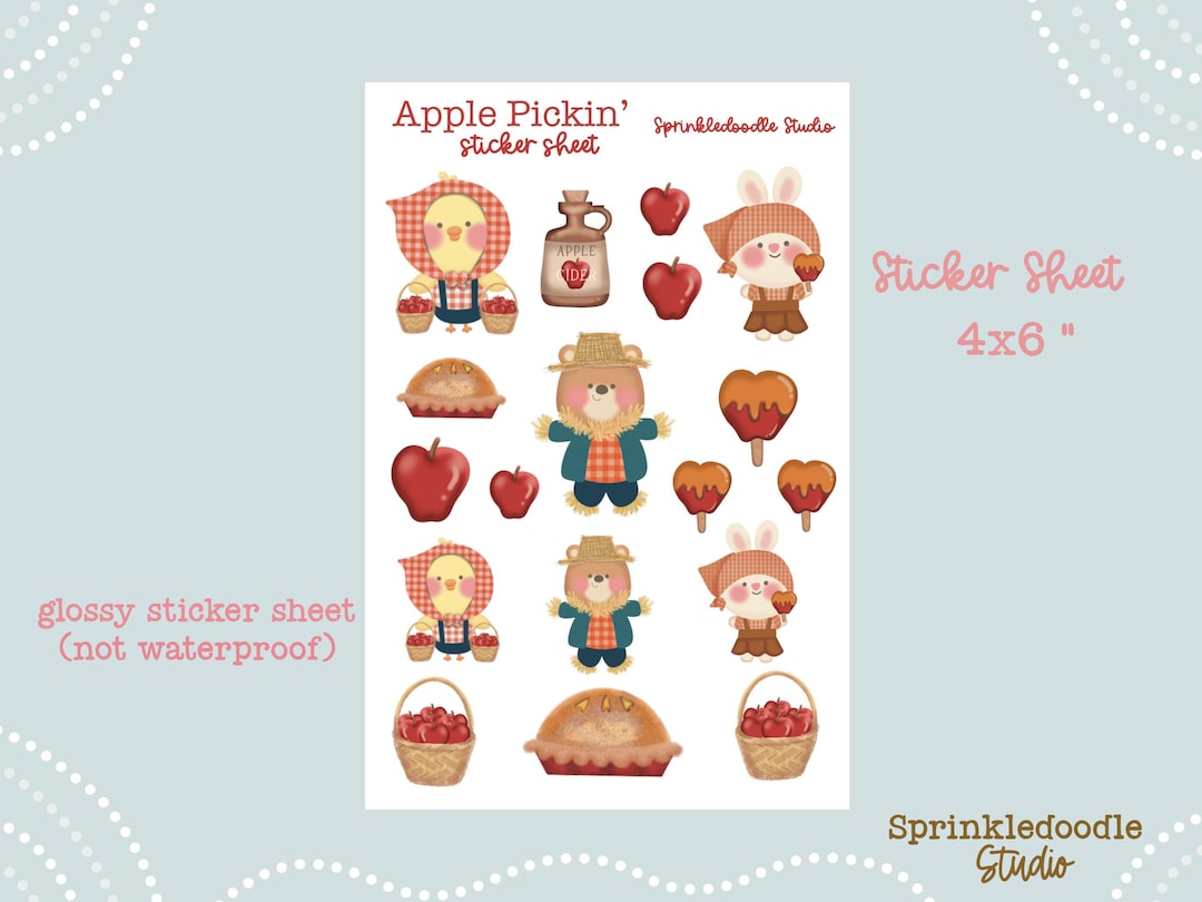 Apple Pickin' Sticker Sheet - Cute Autumn Harvest Stickers, Apple ...
