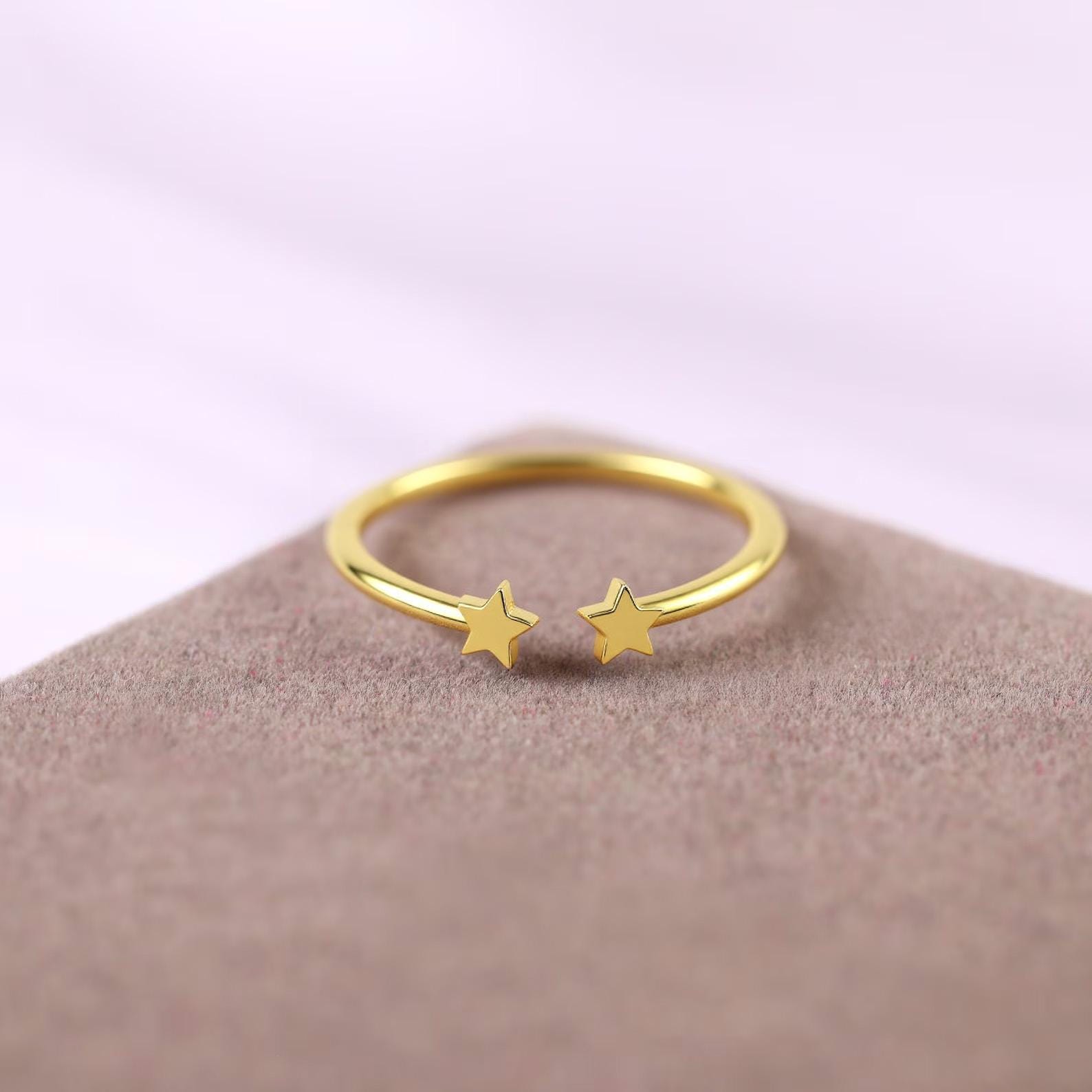 14K Solid Gold Star Ring, Open Star Ring, Astrology Curved Ring, Open ...