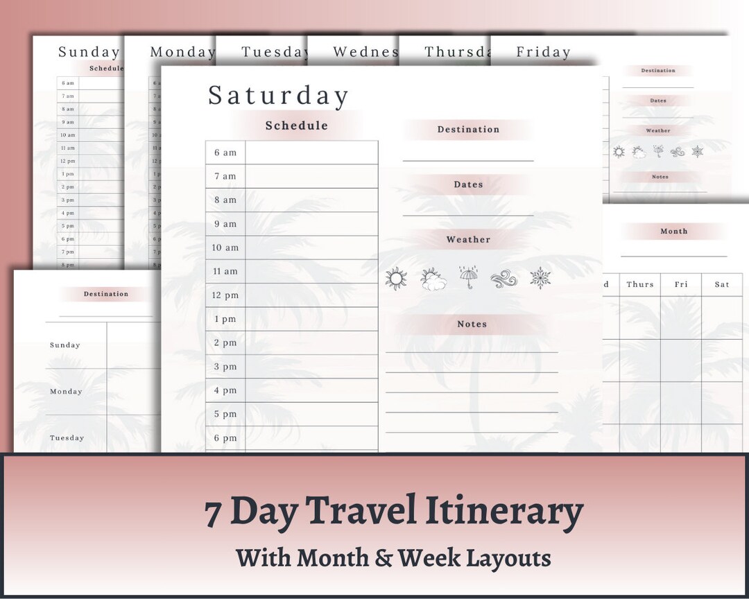7-day Printable Travel Planner With Travel Itinerary by Day, Week, and ...