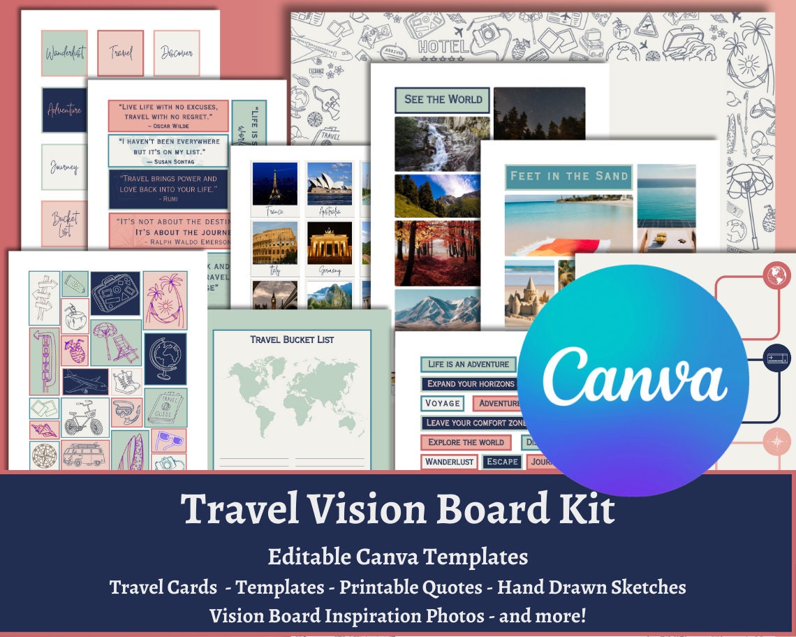 Travel Vision Board With Travel Quotes, Bucket List Templates ...
