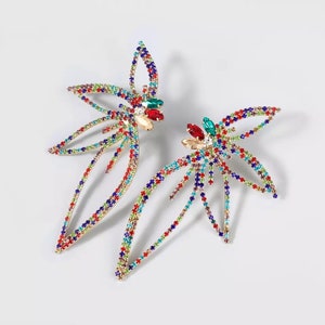 Womens Green Statement Earrings, Rhinestone Pageant Earrings, Large ...