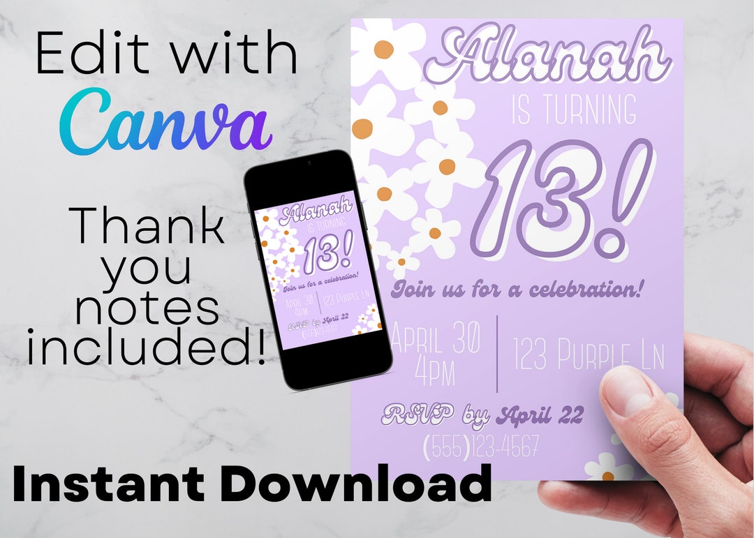 Purple Daisy Birthday Invitation Girls Party Invite - Etsy
