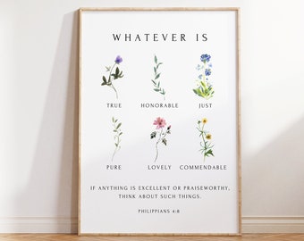 Whatever is True, Philippians 4:8 Poster, Botanical Christian Wall Art ...
