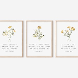Christian Floral Set of 3, Bible Verse Wall Poster Set, Yellow ...