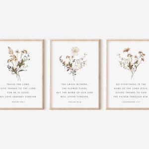 Christian Floral Set of 3, Bible Verse Wall Art, Botanical Scripture ...