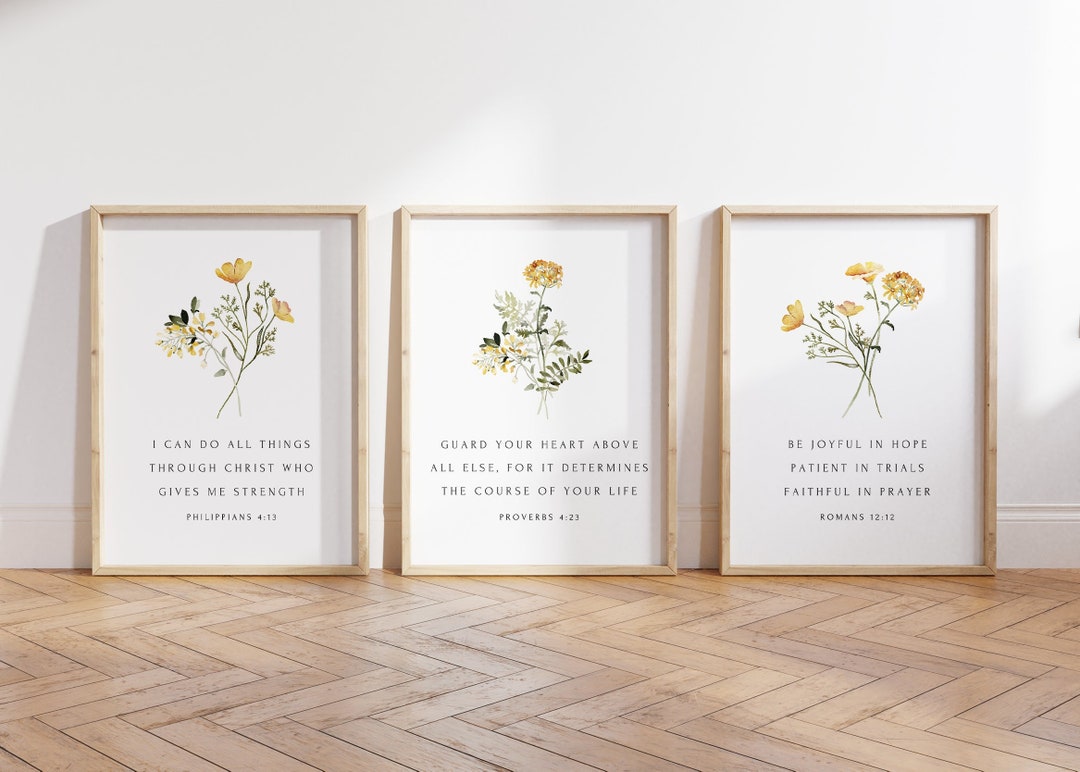 Christian Floral Set of 3, Bible Verse Wall Poster Set, Yellow ...