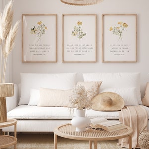 Christian Floral Set of 3, Bible Verse Wall Poster Set, Yellow ...