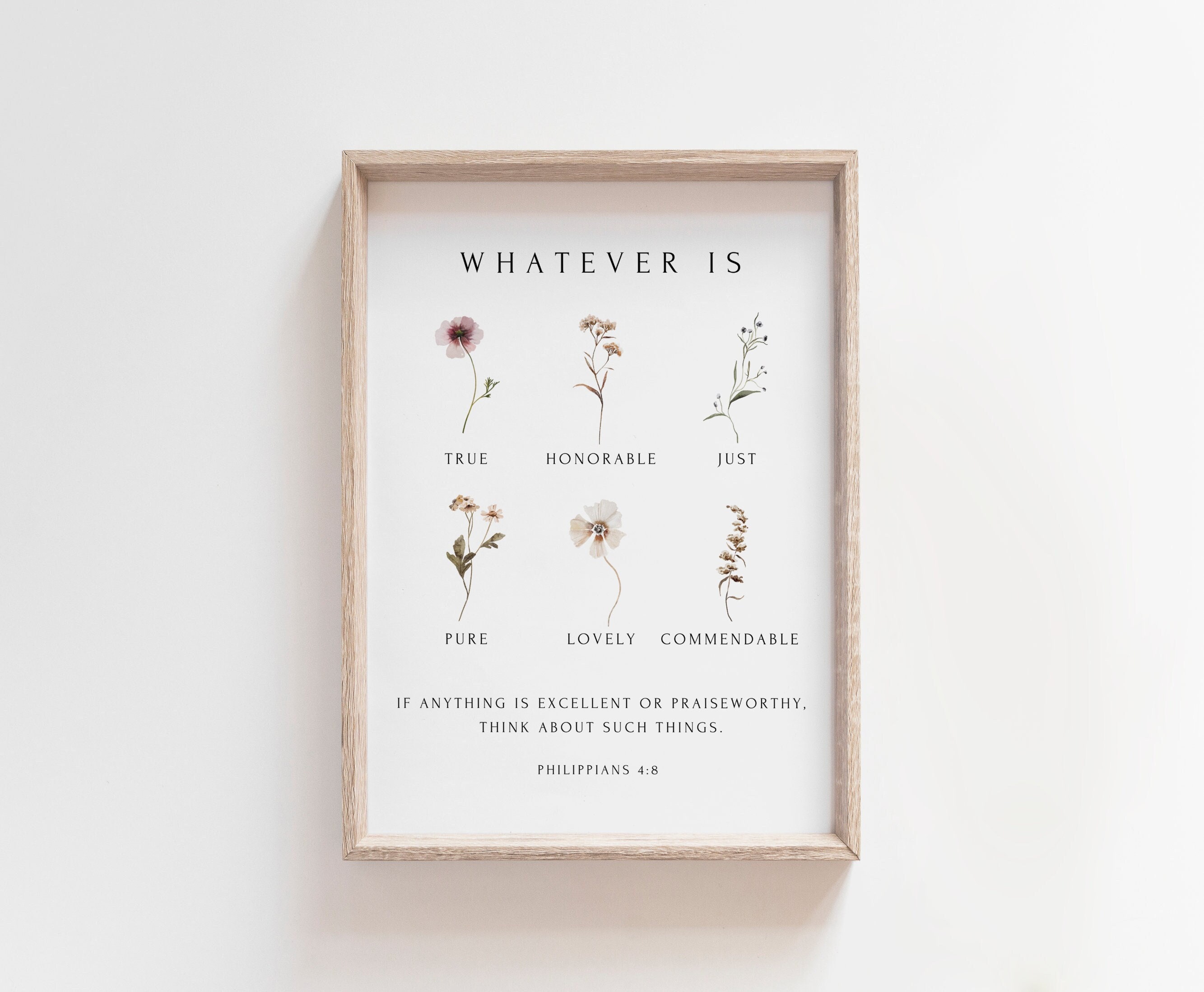 Whatever is True, Philippians 4:8 Poster, Botanical Christian Wall Art ...