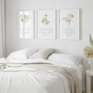 Christian Floral Set of 3, Bible Verse Wall Poster Set, Yellow ...