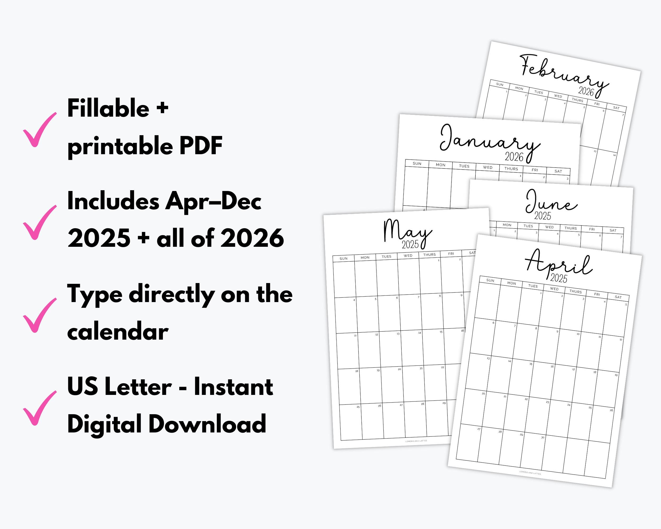 Monthly Calendar Bundle 2025 2026, Editable Calendar, Fillable PDF ...