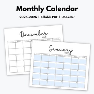 Minimalist Monthly Calendar Template 2025-2026, Fillable 12 Month ...