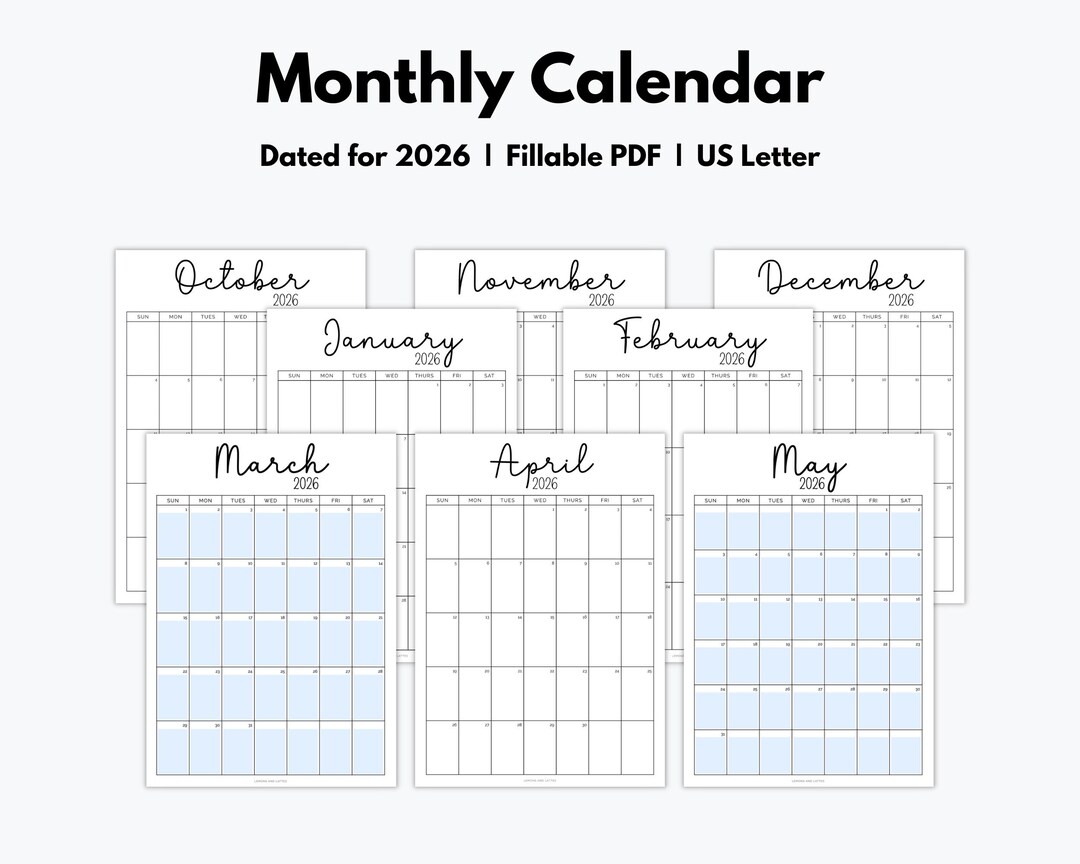 Minimalist Monthly Calendar 2026, Editable 12 Month Calendar, Fillable ...