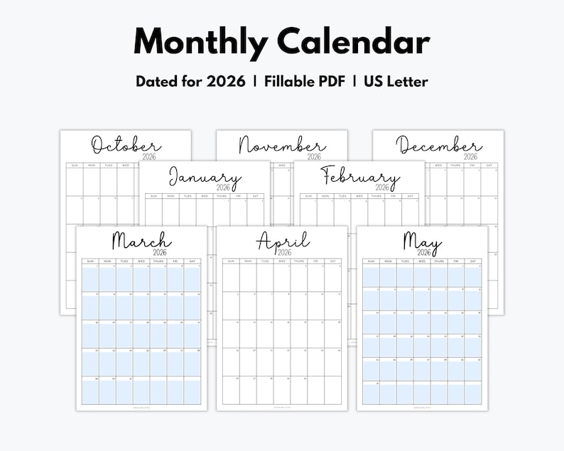 Minimalist Monthly Calendar 2026, Editable 12 Month Calendar, Fillable ...