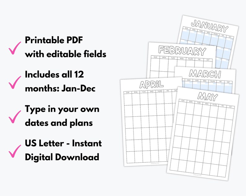 Blank Calendar Printable, Minimalist Monthly Calendar, Editable 12 ...