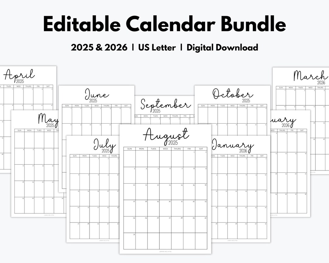 Monthly Calendar Bundle 2025 2026, Editable Calendar, Fillable PDF ...