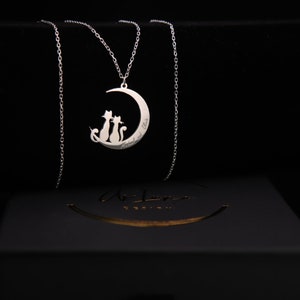 Cats on the Crescent Moon Necklace for Her Dainty Moon Pendant With Two ...