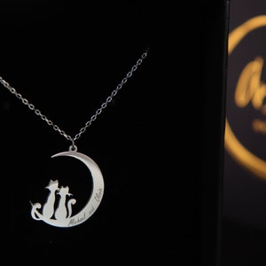 Cats on the Crescent Moon Necklace for Her Dainty Moon Pendant With Two ...