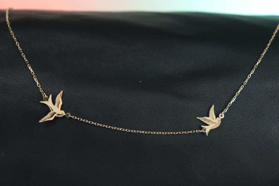 14K Gold Sparrow Birds Necklace: Elegant Flight Charm, Handmade - Etsy