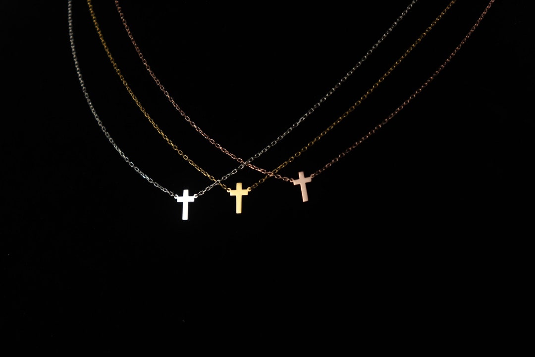 14K Gold Tiny Cross Necklace Real Gold Necklace Dainty Gold Cross ...