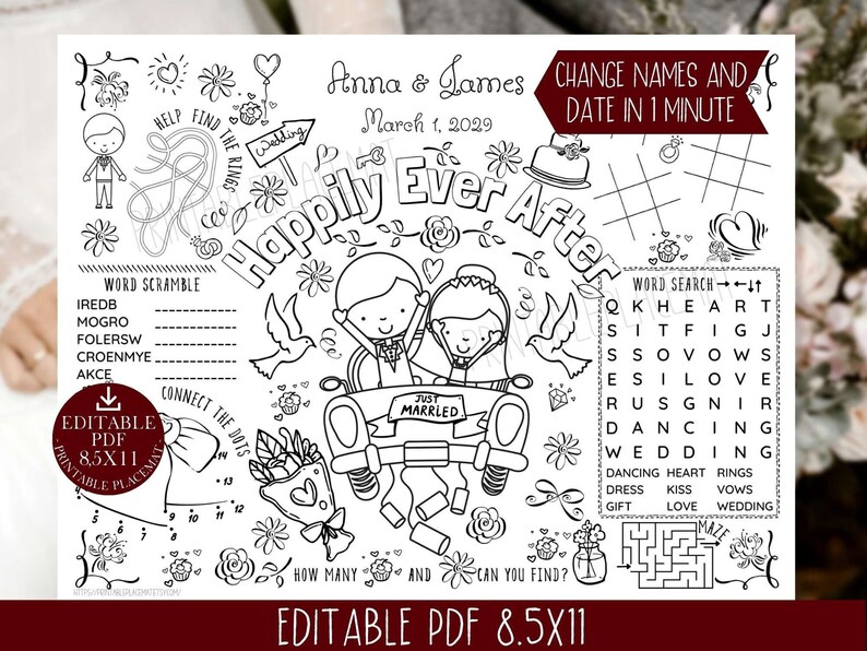 Kids Wedding Placemat PRINTABLE Coloring - Etsy