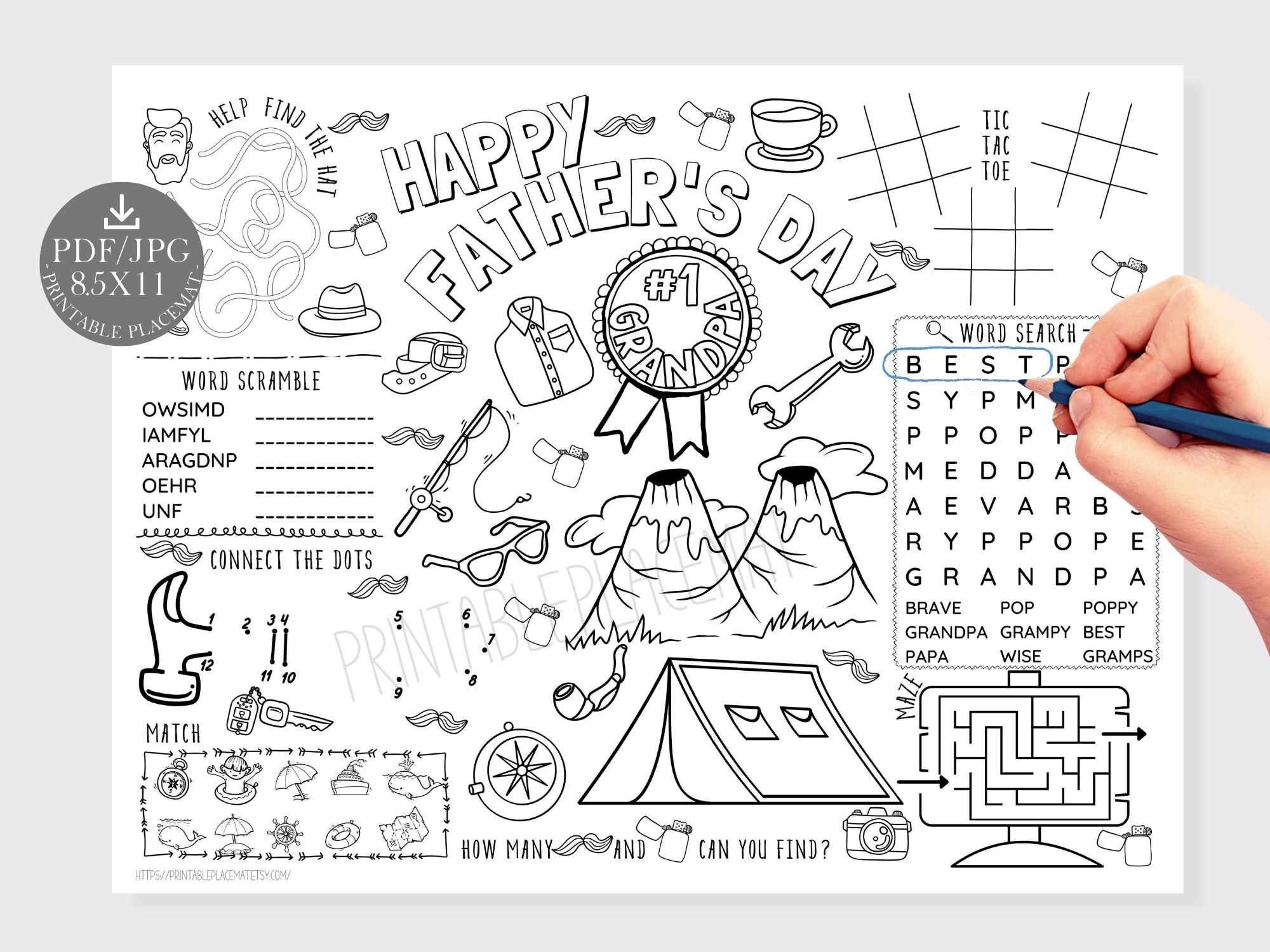 Fathers Day Coloring Page Grandpa Placemat PRINTABLE Activity Sheet - Etsy