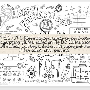 Fathers Day Placemat PRINTABLE Coloring Page Activity Dad Sheet - Etsy