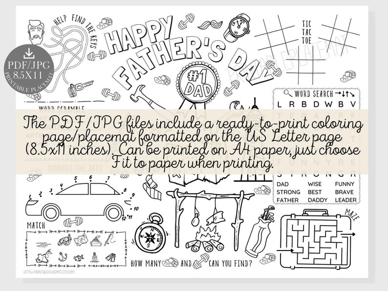 Fathers Day Placemat PRINTABLE Coloring Page Activity Dad Sheet - Etsy