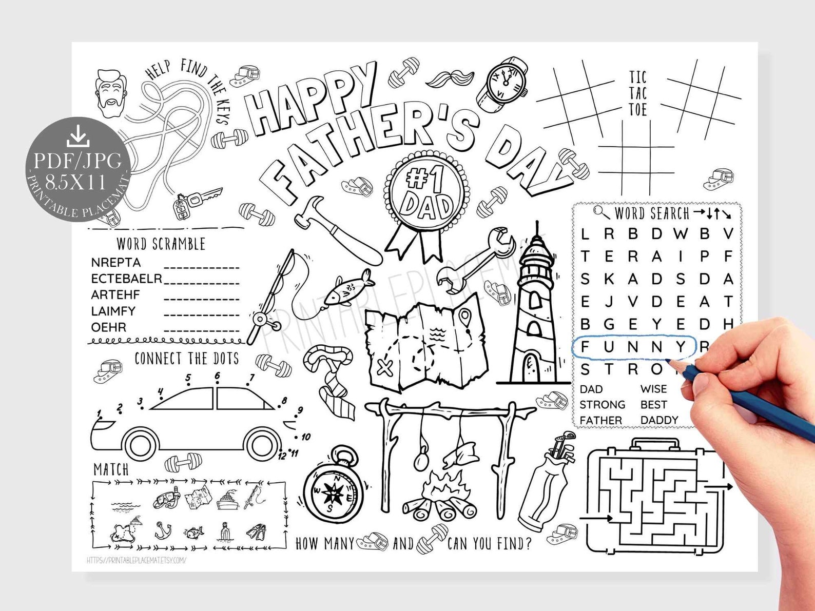 Fathers Day Placemat PRINTABLE Coloring Page Activity Dad - Etsy