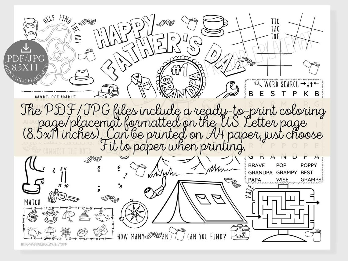 Fathers Day Coloring Page Grandpa Placemat PRINTABLE Activity Sheet - Etsy