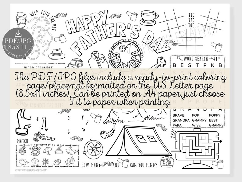 Fathers Day Coloring Page Grandpa Placemat PRINTABLE Activity Sheet - Etsy