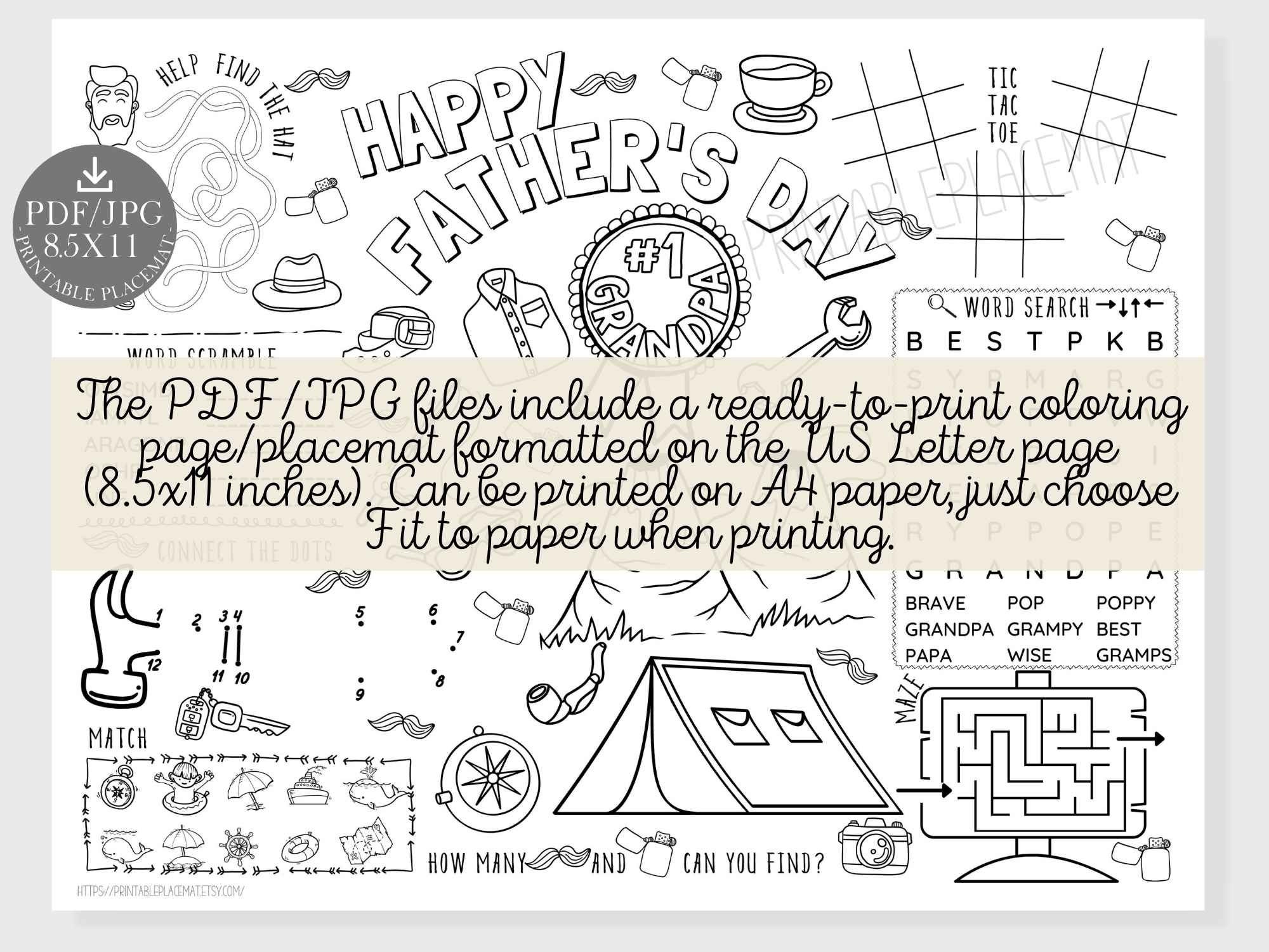 Fathers Day Coloring Page Grandpa Placemat PRINTABLE Activity Sheet - Etsy