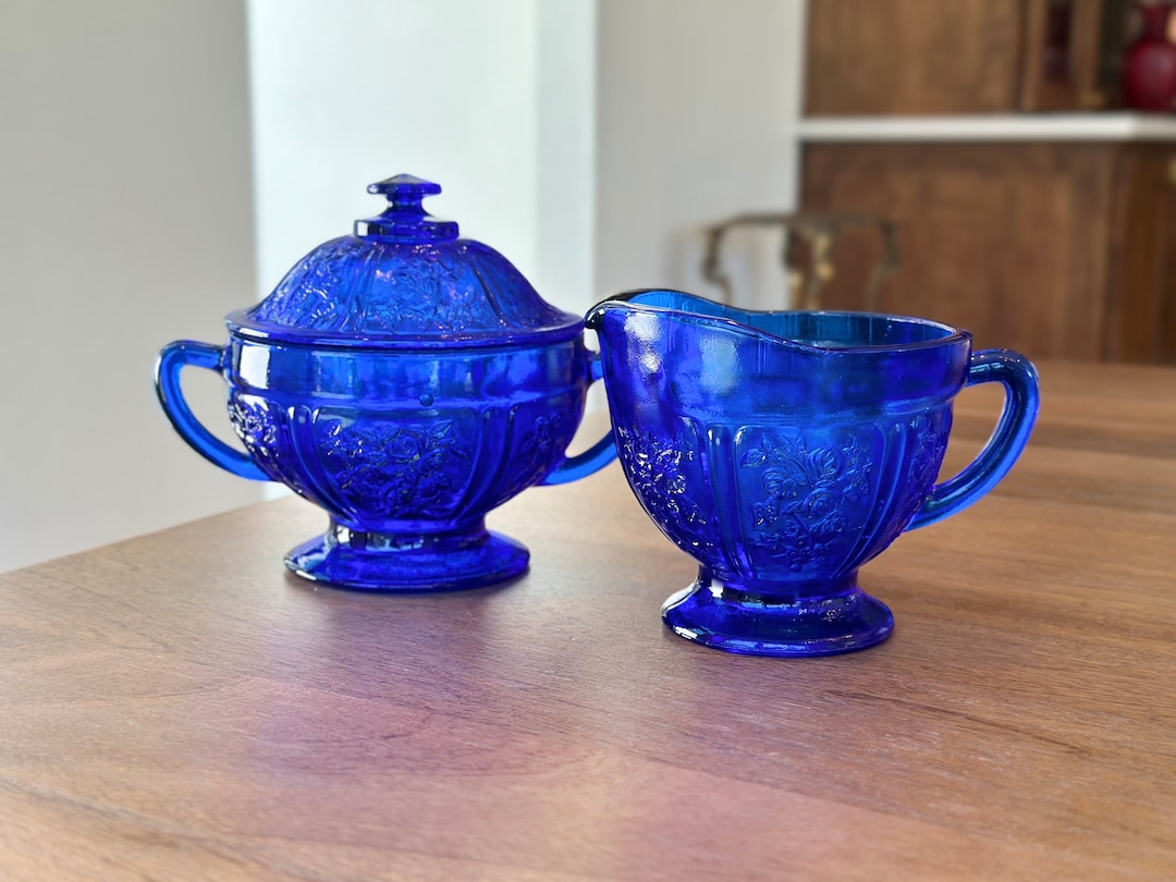 Vintage Cobalt Blue Lidded Sugar and Creamer Jar - Etsy