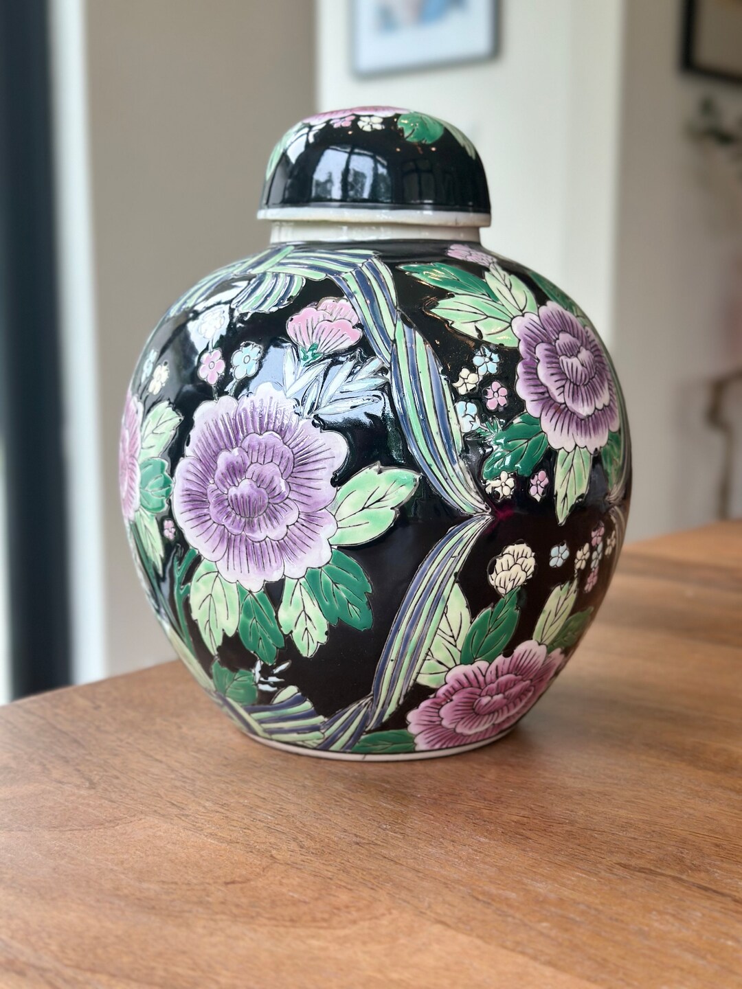 Midnight Rose Porcelain Ginger Jar With Lid; Chinese Ginger Jar; Black ...