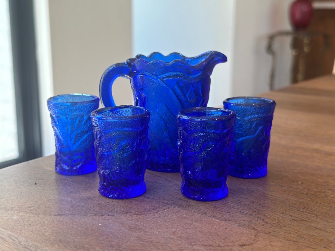 Vintage Cobalt Blue Miniature Pitcher & Glasses Set; Art Glass Child’s ...