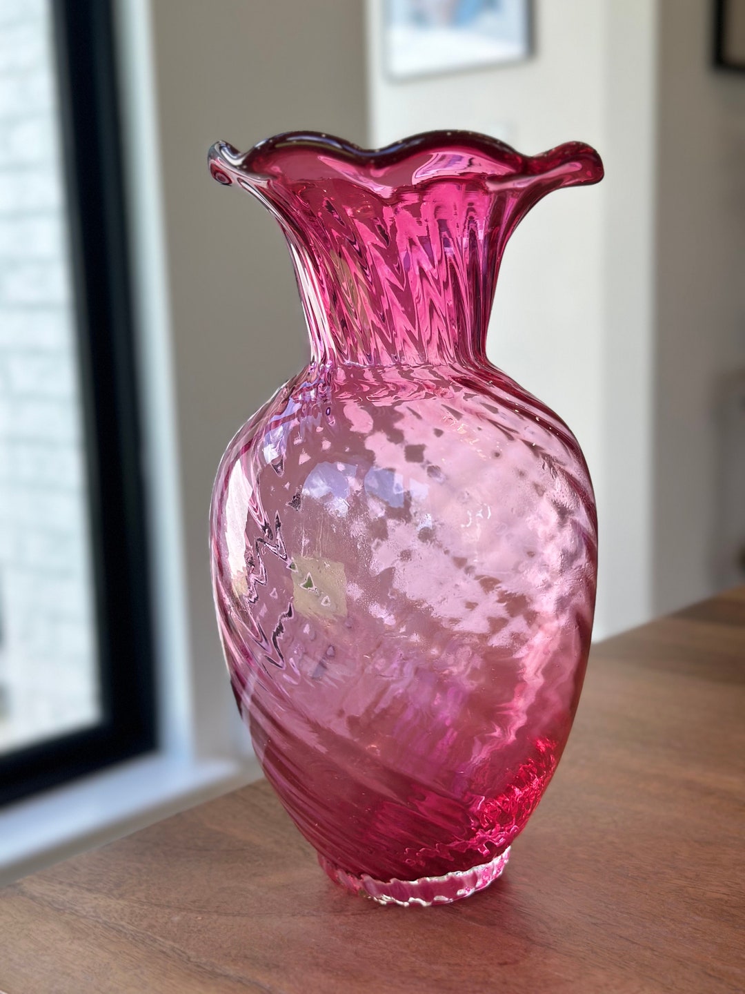 Ribbed Twisted Cranberry Glass Vase With Ruffle Edge - Tall - Etsy