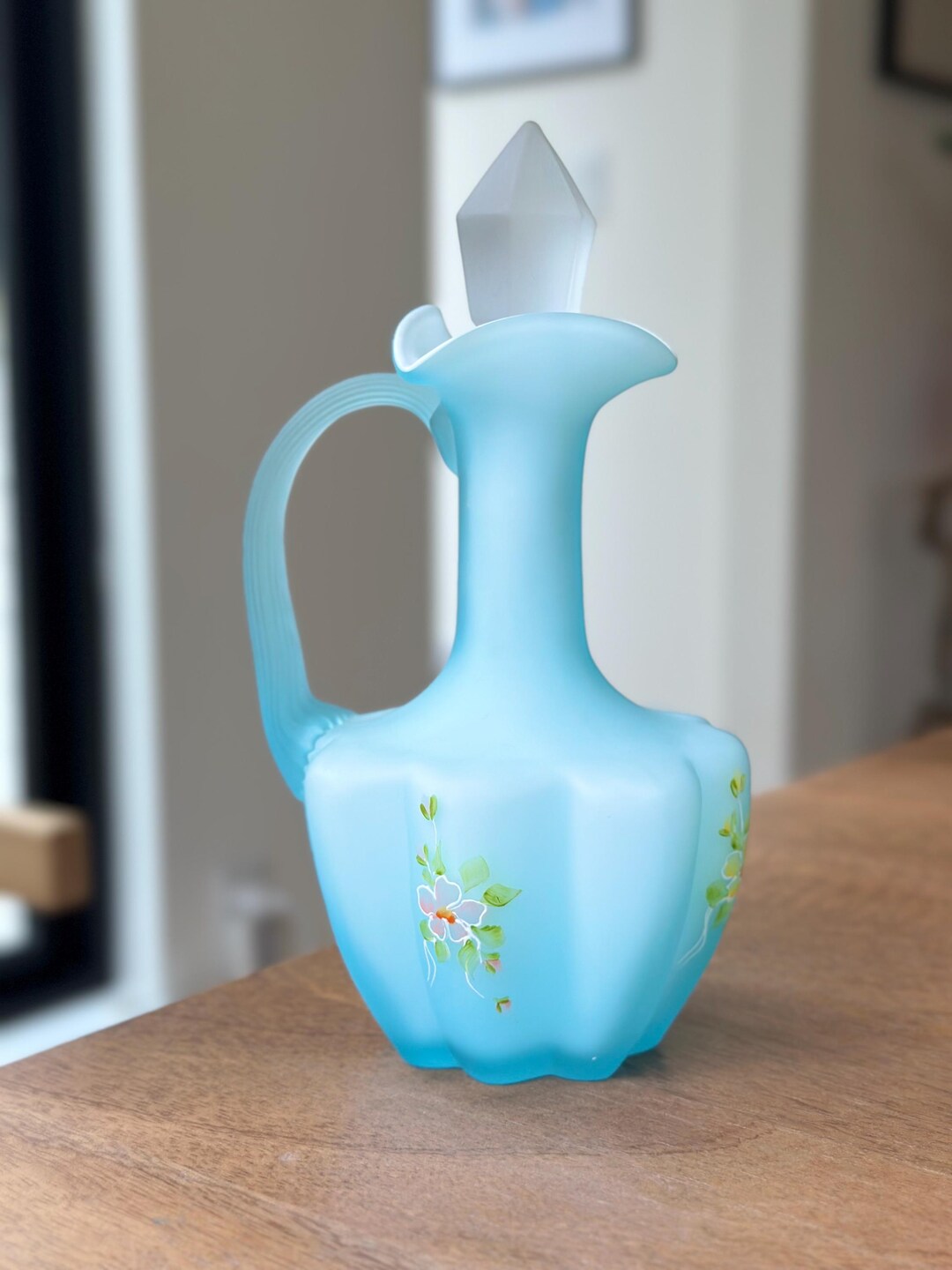 Vintage Fenton Blue Cased Satin Cruet With Handpainted Flowers - Etsy
