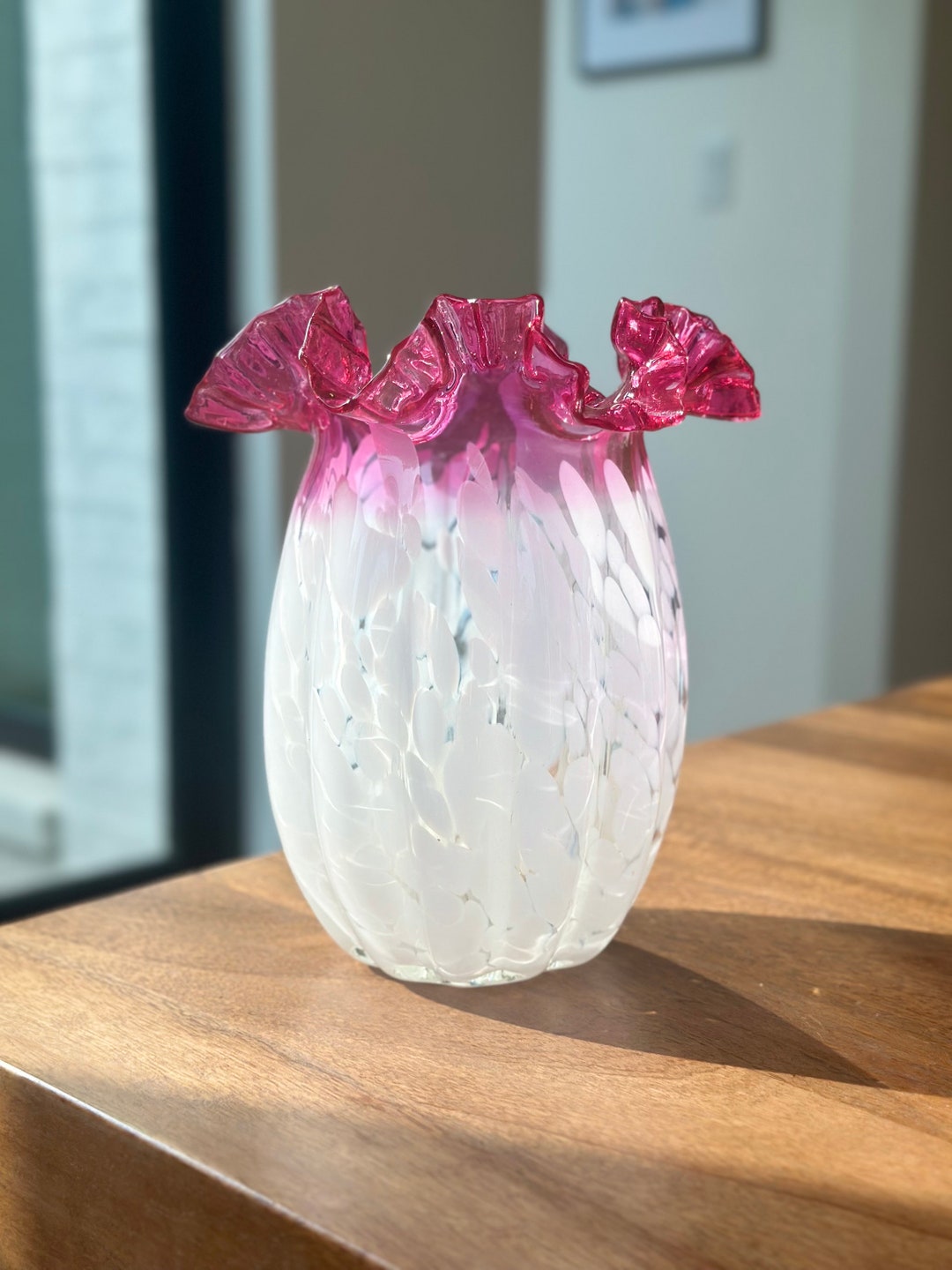 Cranberry Art Glass White Splatter Vase With Ruffle Edge - Etsy