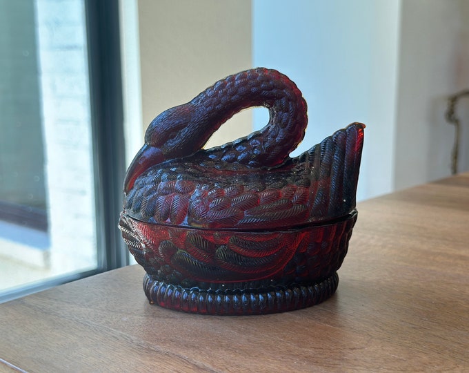 Vintage Glass Swan on Nest Candy Dish Dark Red - Etsy