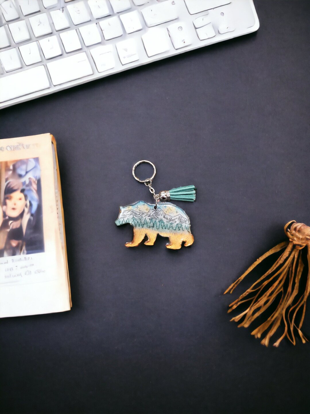 Bear Keychain, Epoxy Resin Bear, Mountain Bear, in the Woods, Camping ...