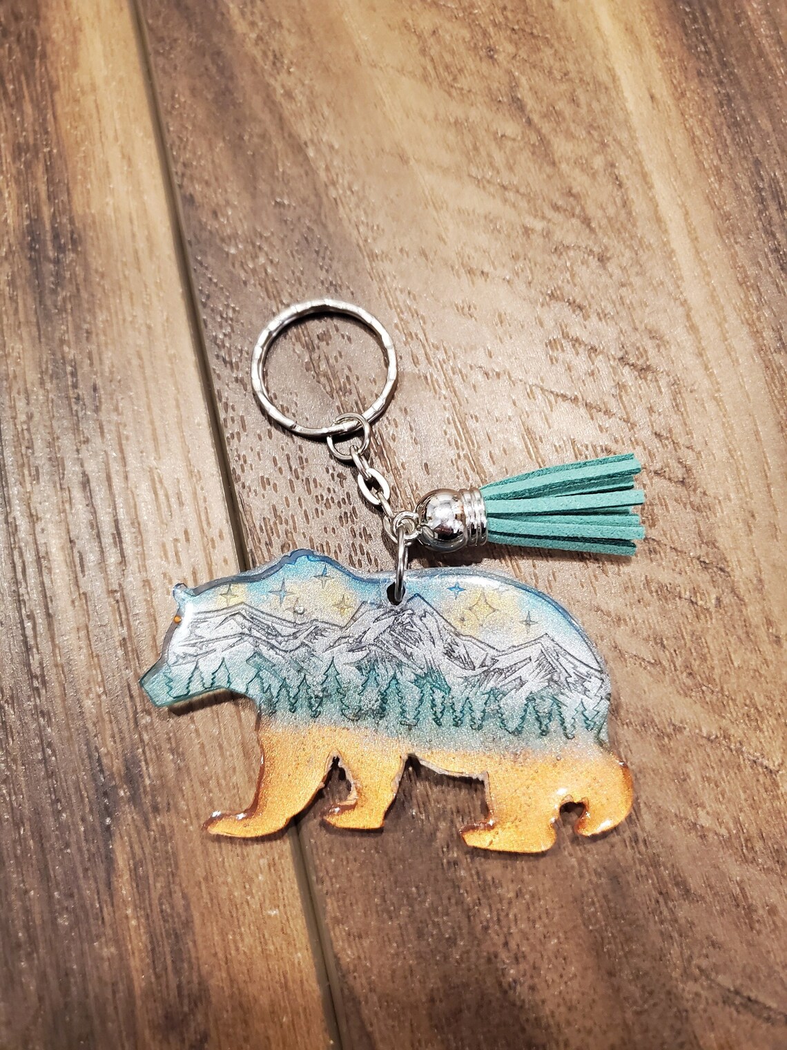Bear Keychain, Epoxy Resin Bear, Mountain Bear, in the Woods, Camping ...