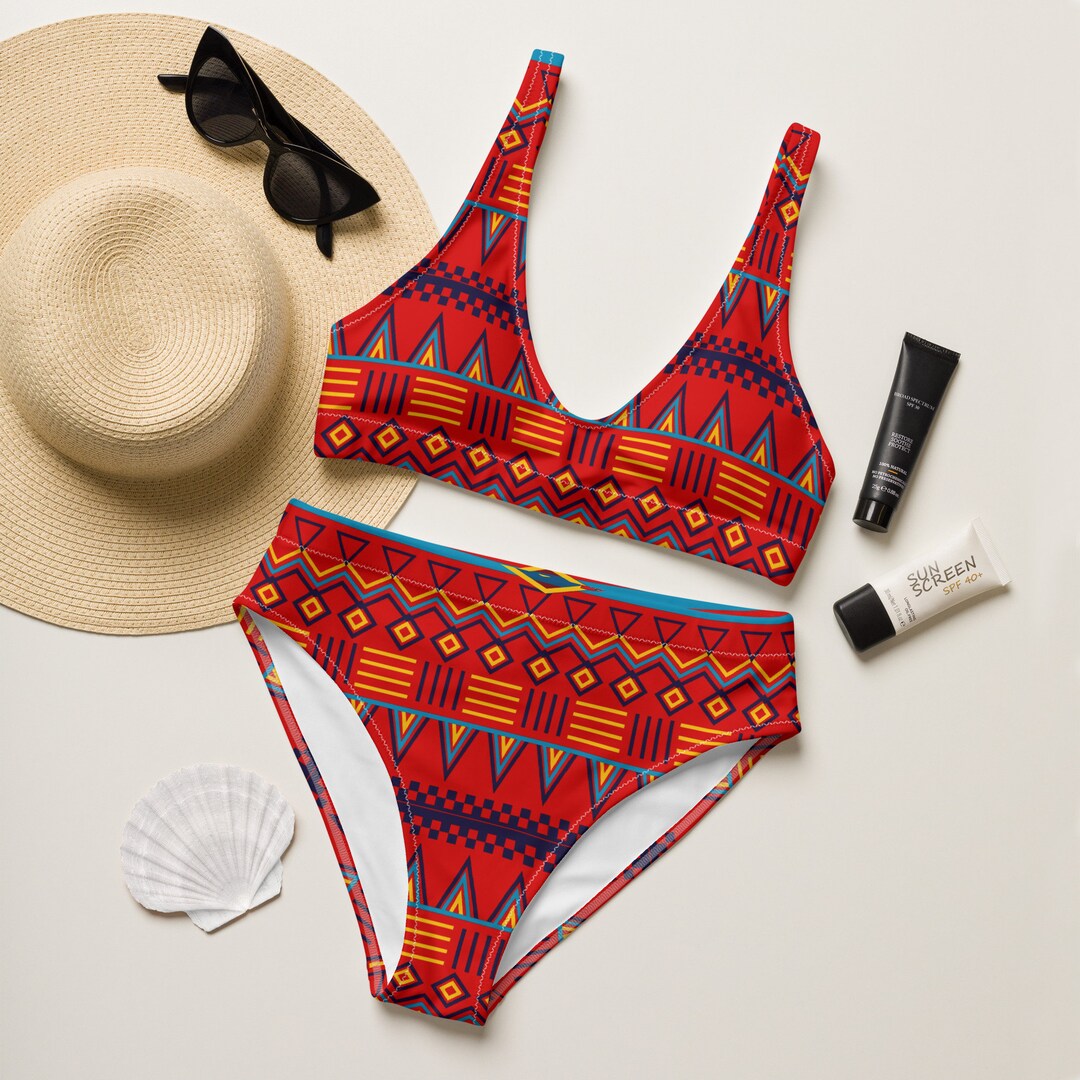 Red Clay - Womens - High-waisted Bikini - African - Mud Cloth Pattern ...