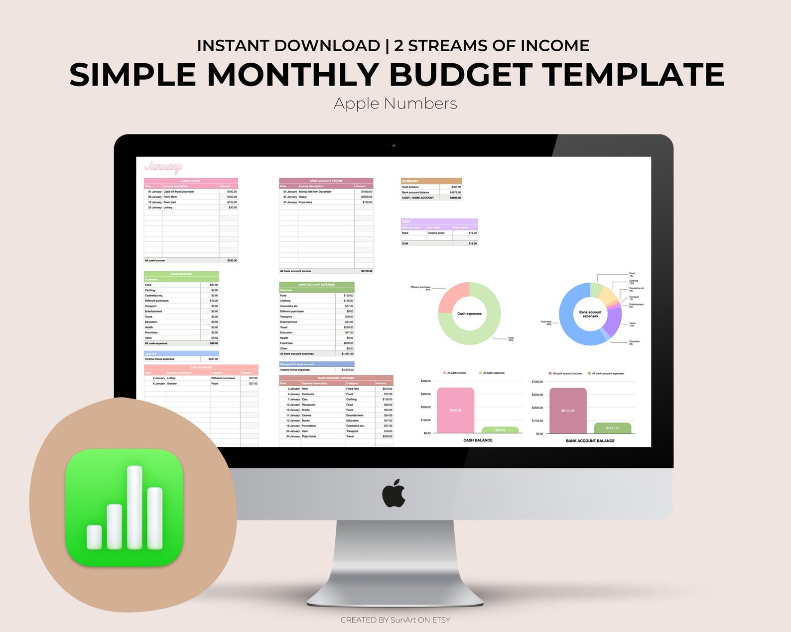 Simple Monthly Budget Spreadsheet | 2 Separate Streams of Income ...