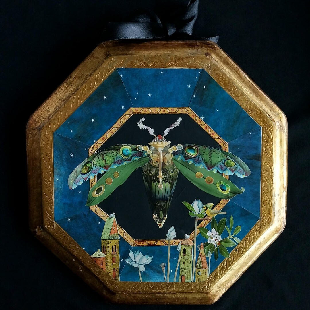 Paper Collage Wall Art Insect Bug Garden on Vintage Italian Wood Plaque ...