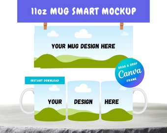 11oz White Mug Canva Background Drag and Drop Mockup Canva Full Wrap ...